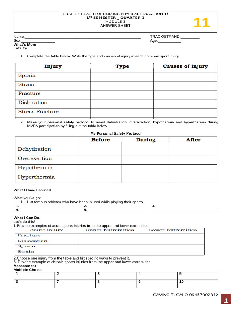 HOPE 1 Module 5 Answer Sheet | PDF