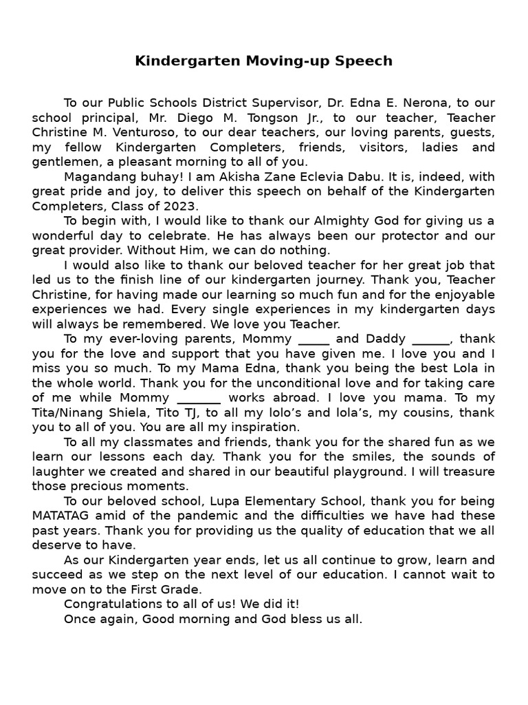 Kindergarten Moving Up Speech | PDF