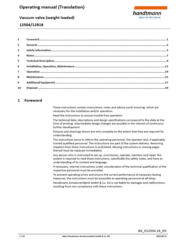 Handtmann Vacuum Valve Operating Manual | PDF | Valve | Technology ...