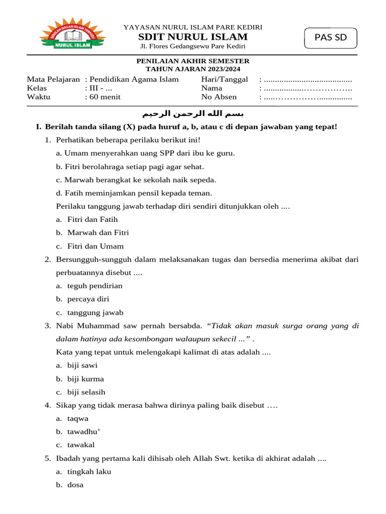Soal PAS1 Pai Kelas 3 | PDF