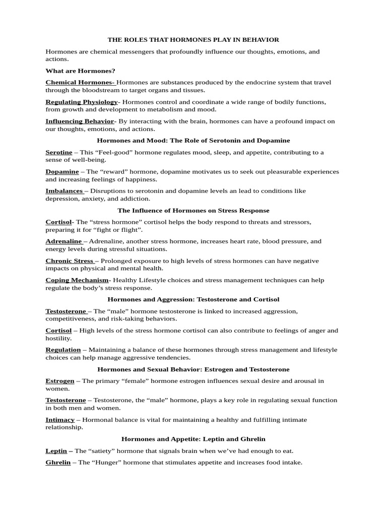 THE ROLES THAT HORMONES PLAY IN BEHAVIOR | PDF