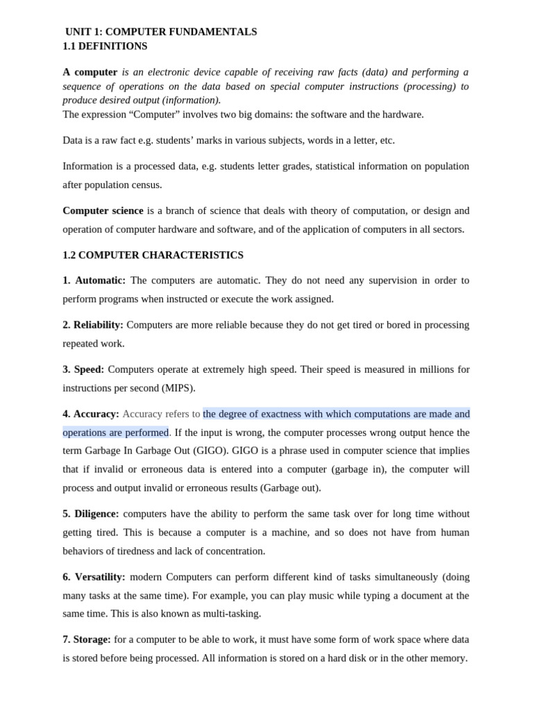 Unit 1.Computer Fundamentals(Notes) | PDF Unit 1.Computer Fundamentals(Notes) | PDF