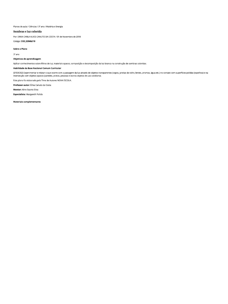 Plano de Aula Cie3 02me10 | PDF