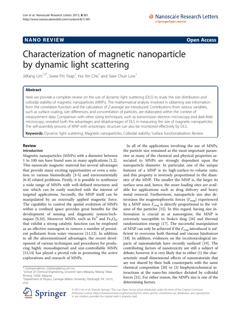 2013 - Characterization of Magnetic Nanoparticle by Dynamic Light Scattering | PDF