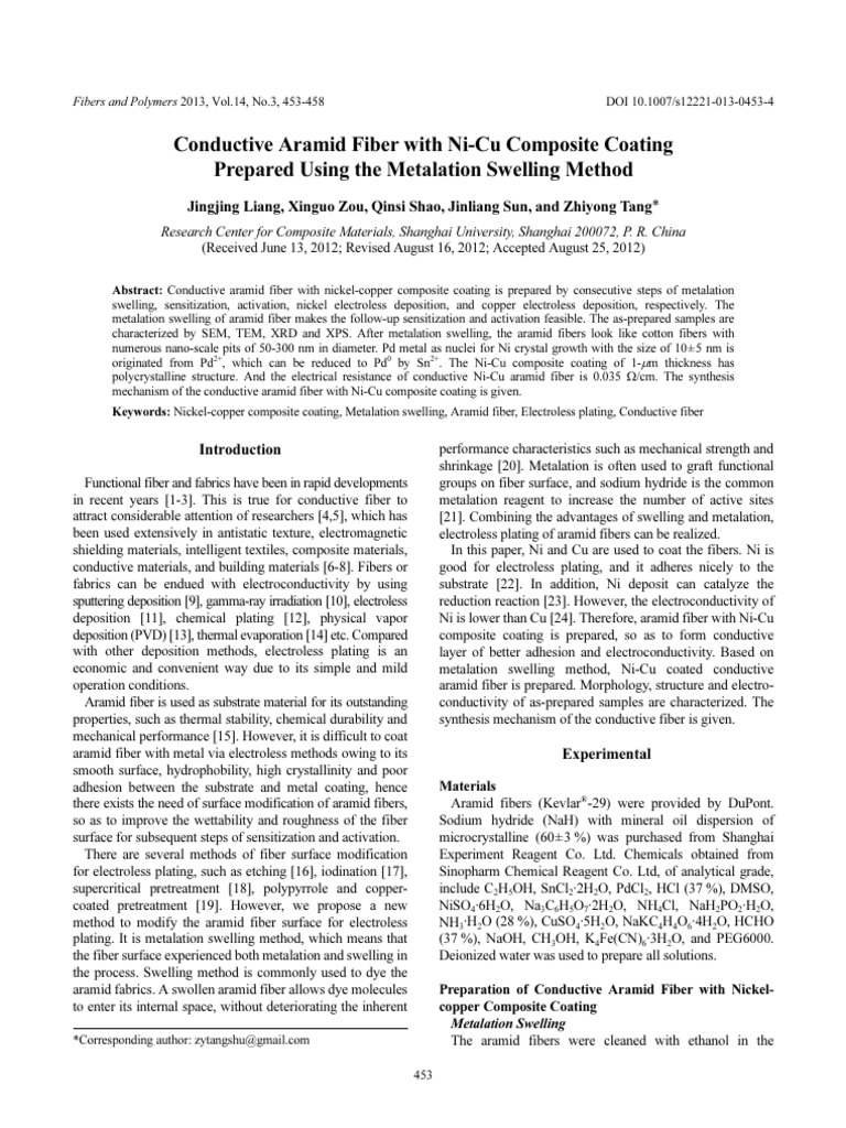 2013 - Conductive Aramid Fiber With Ni-Cu Composite Coating Prepared Using The Metalation ...