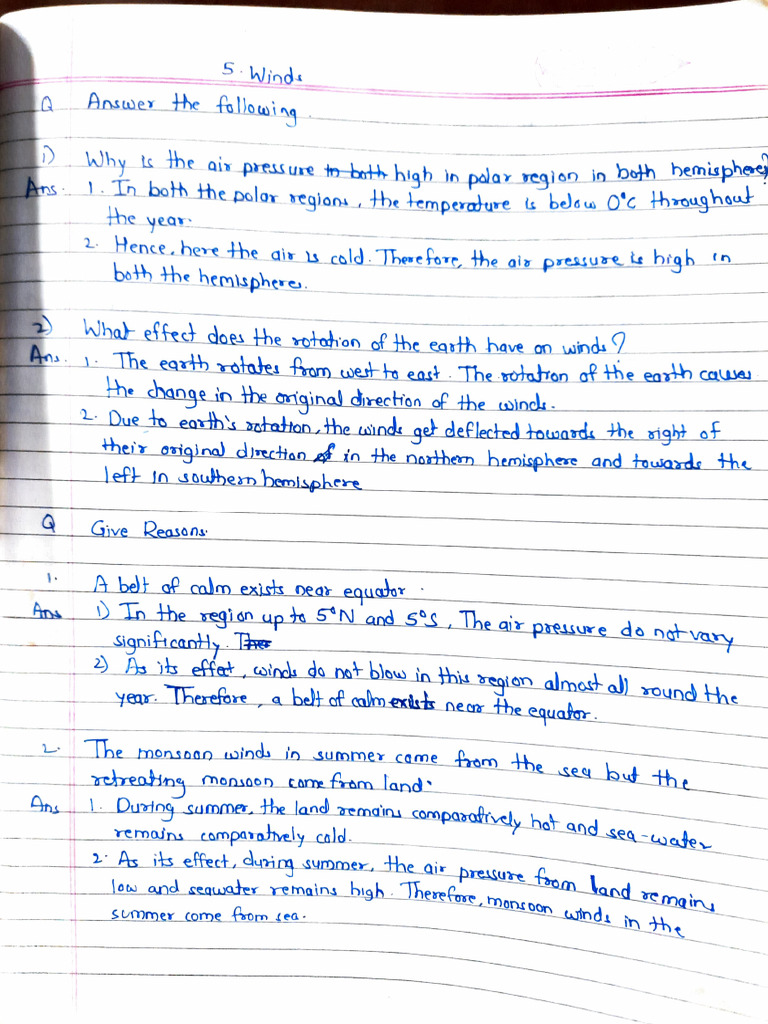 Winds - Air Pressure+ Rotation of Earth Class Notes | PDF