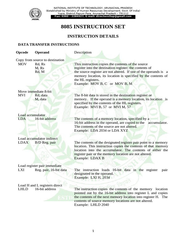 4.8085 INSTRUCTION SET & OPCODE TABLE | PDF