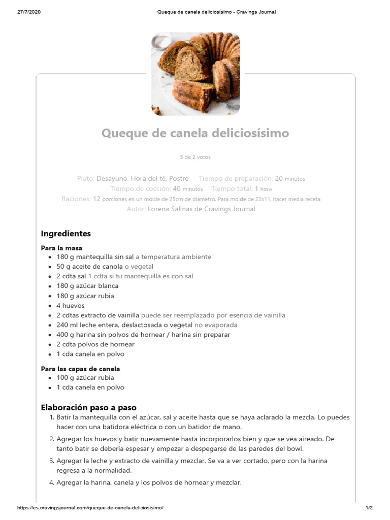 Queque de Canela Deliciosísimo - Cravings Journal | PDF