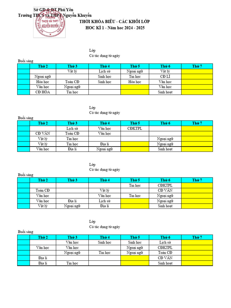 TKB-L P - Hki (Ap Dung Tu Ngay 5-9-2024) | PDF