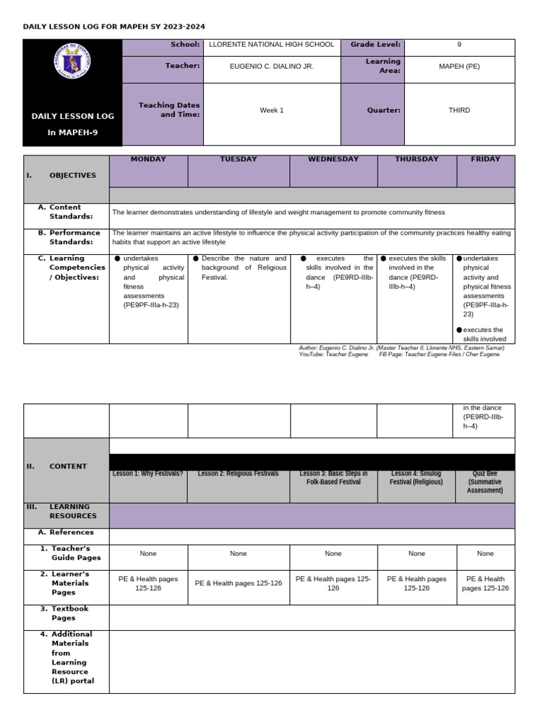 Q3 DLL-PE9-Week1 | PDF