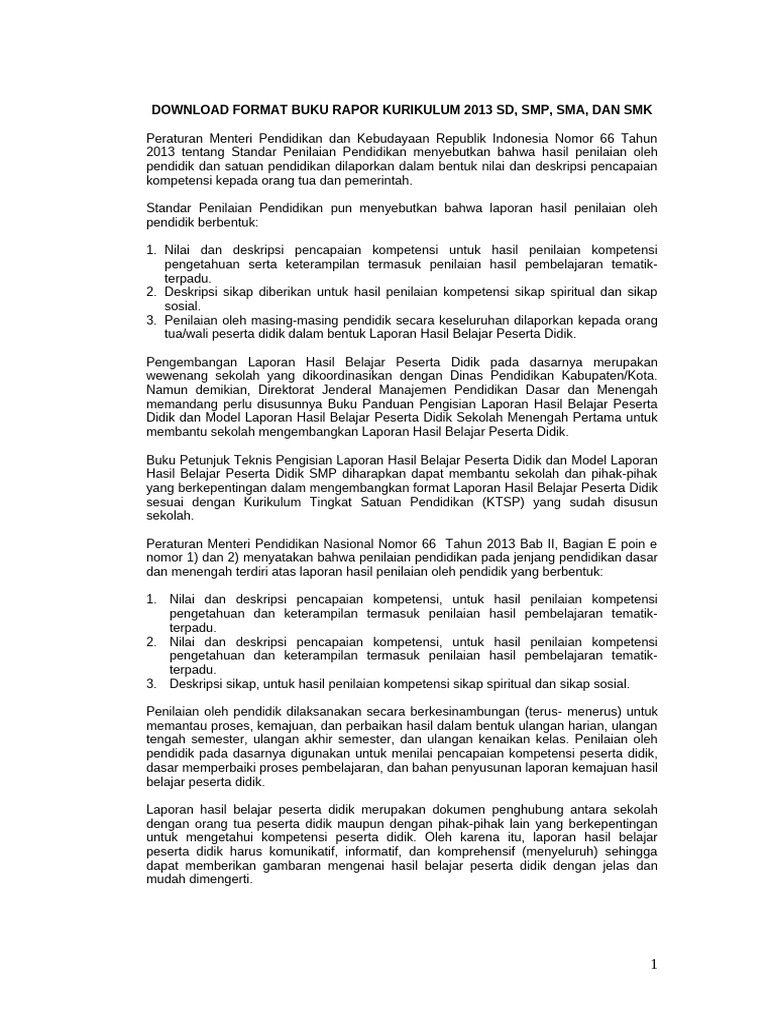 Format Rapor Kurikulum 2013 SMP | PDF