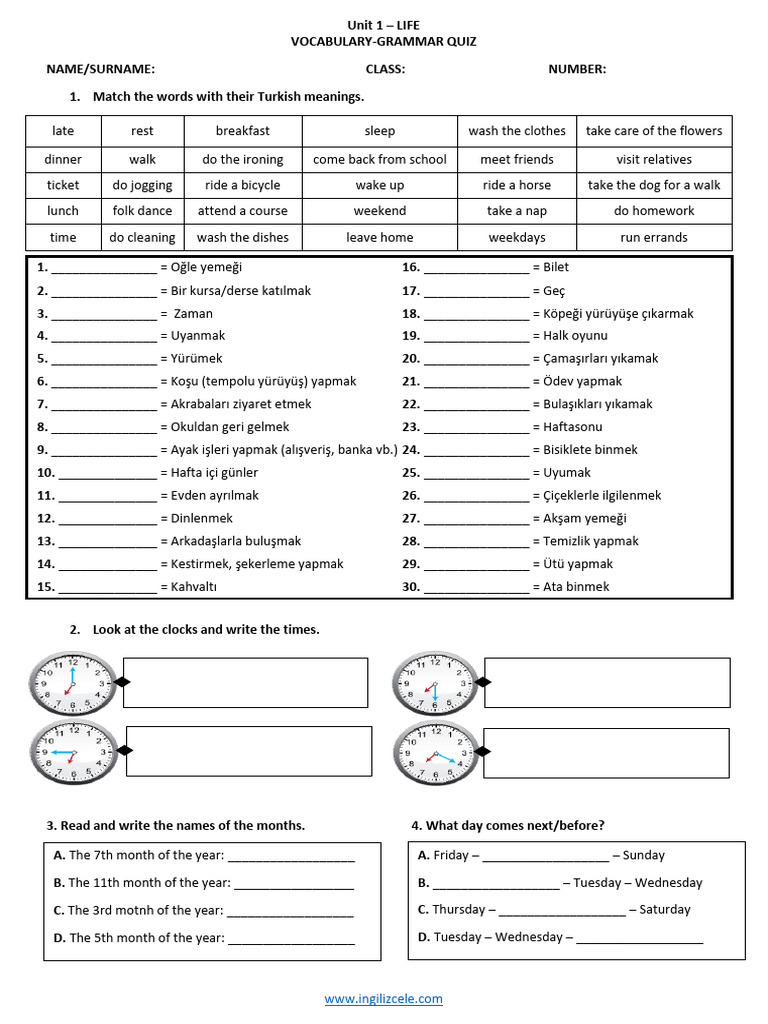 6-sinif-1-unite-life-vocabulary-grammar-quiz | PDF