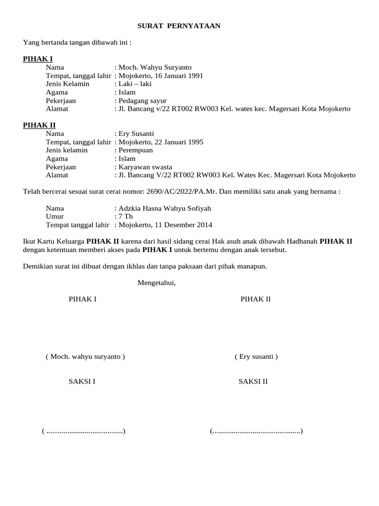 SURAT PERNYATAAN hak asuh anak | PDF SURAT PERNYATAAN hak asuh anak | PDF