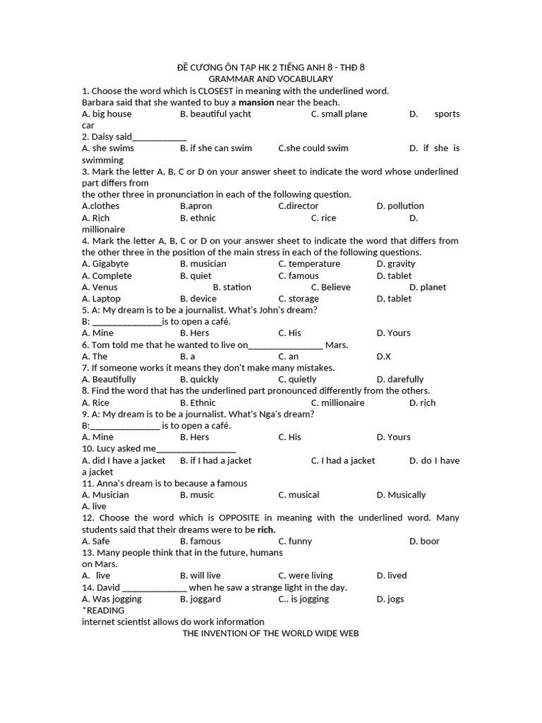 ĐỀ CƯƠNG ÔN TẬP HK 2 TIẾNG ANH 8 | PDF