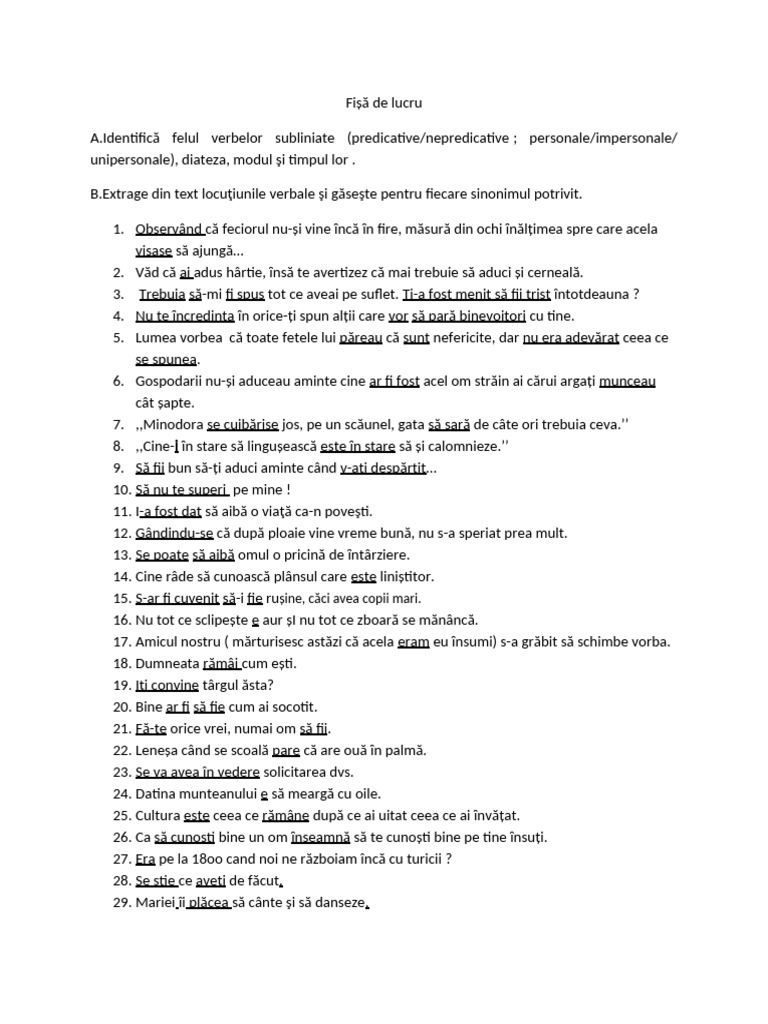 C Fisa de Lucru Verb Pers. Impers. Unipers. | PDF