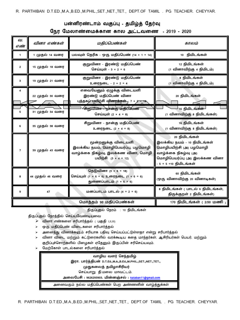Tamil 12th Grade Exam Structure 2019-2020 | PDF | Tamils
