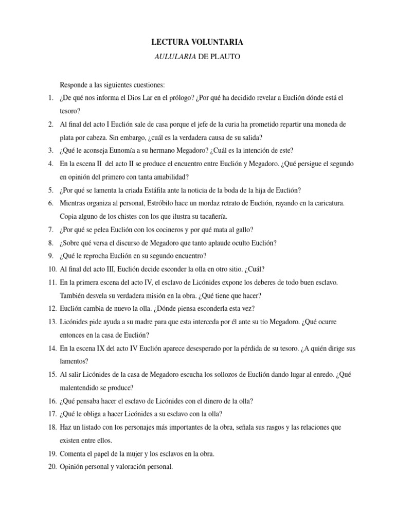 Análisis de Aulularia de Plauto | PDF
