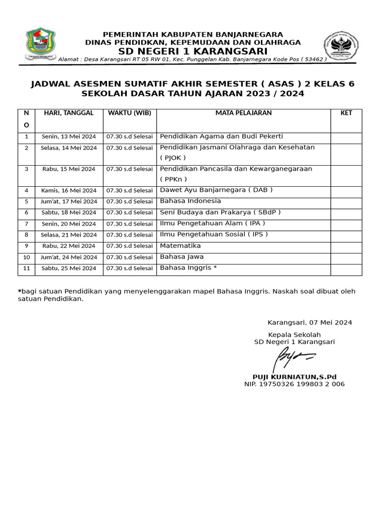 Jadwal Asas Sem 2 Kelas 6 TH 2024 | PDF
