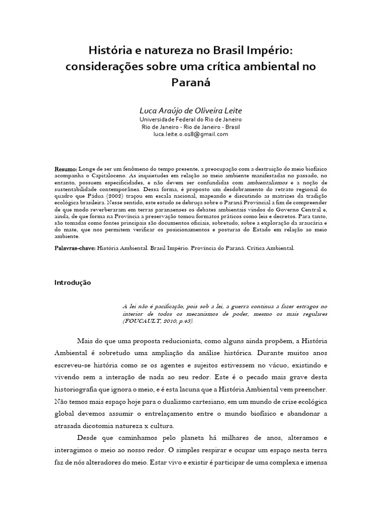 LEITE, Luca. História e Natureza No Brasil Império, Considerações Sobre ...