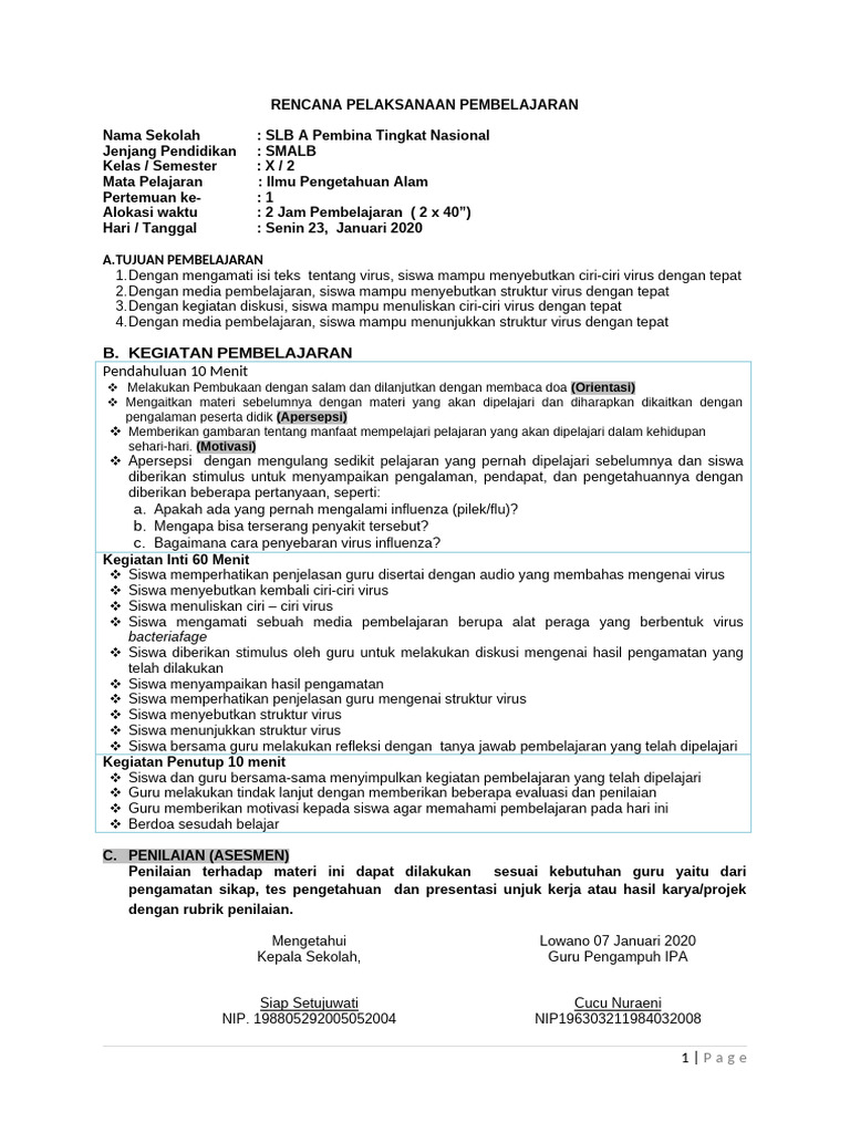 RPP MAPEL IPA KELAS X (1 Lembar) | PDF