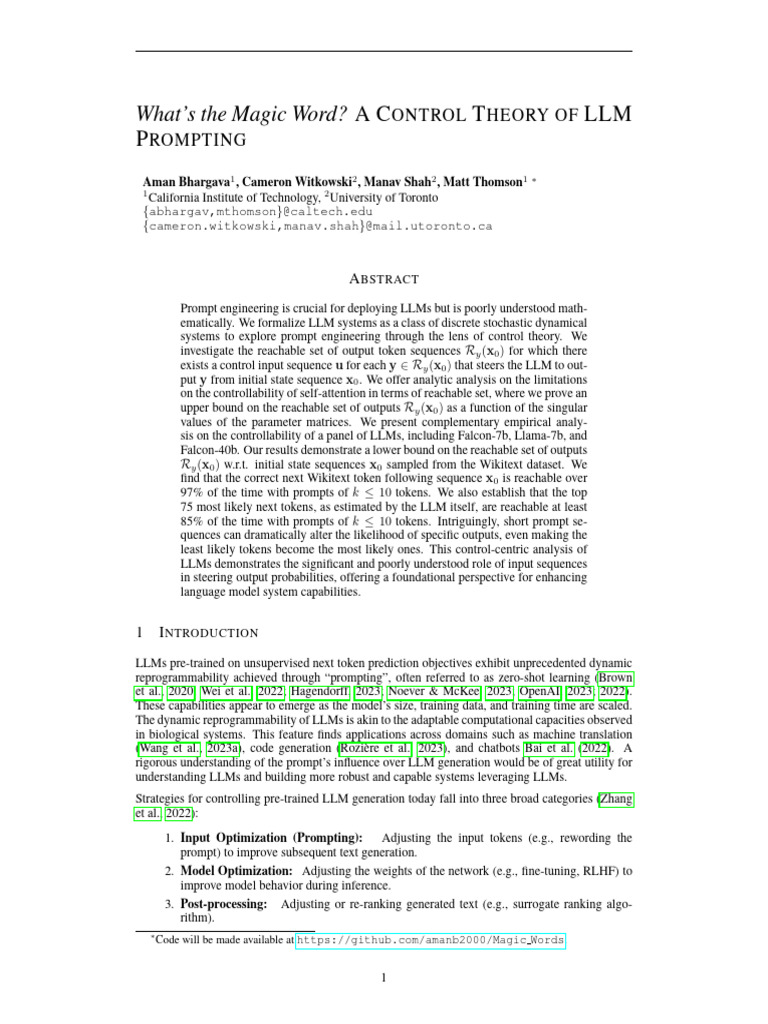 A Control Theory of LLM Prompting | PDF | System | Applied Mathematics