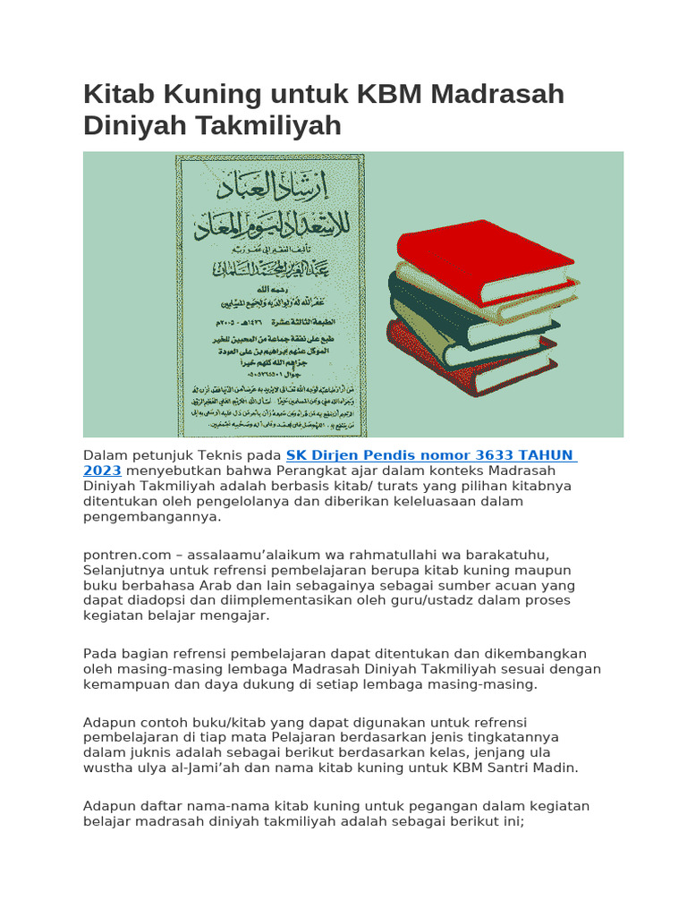 Kitab Kuning Untuk KBM Madrasah Diniyah Takmiliyah | PDF