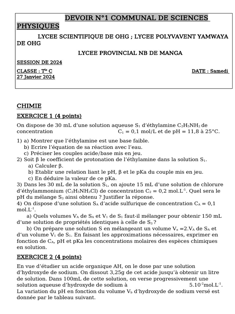 DEVOIR N°1 COMMUNAL Tle C 2024 | PDF