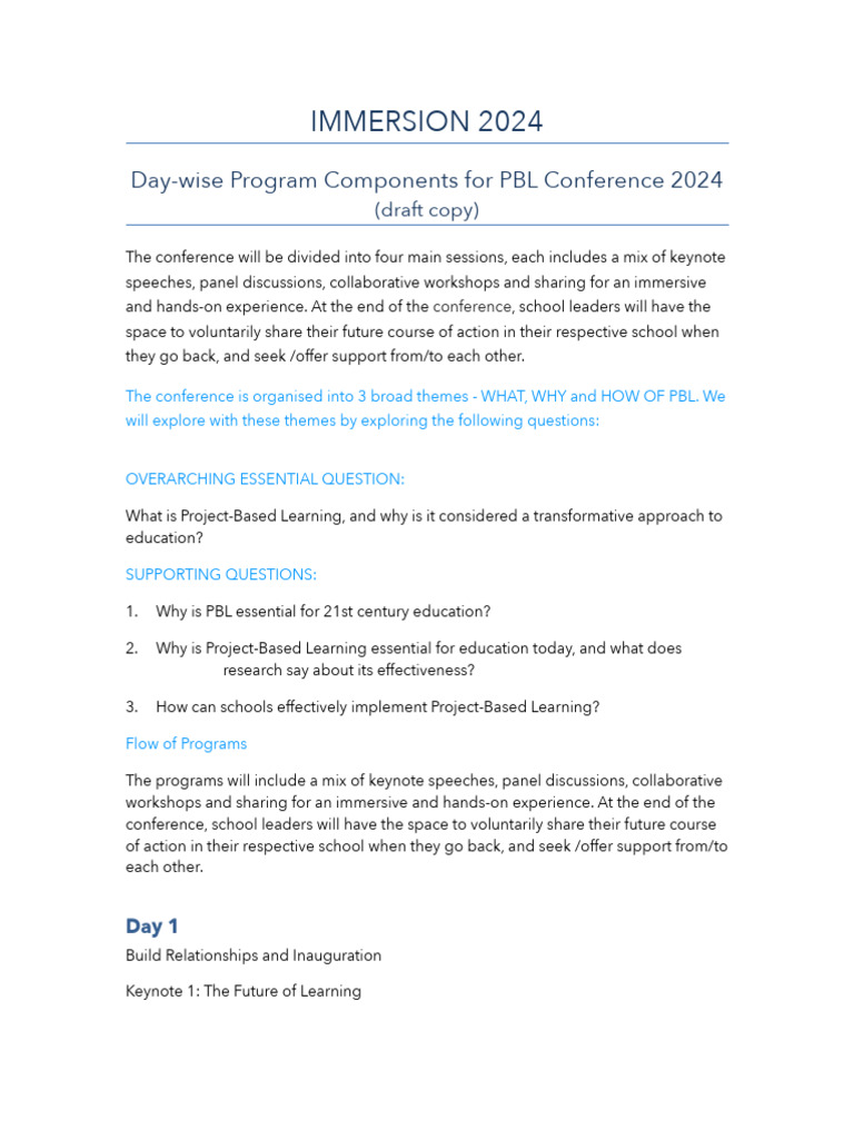 Daywise - Components of PBL Conference 2024 | PDF | Project Based ...