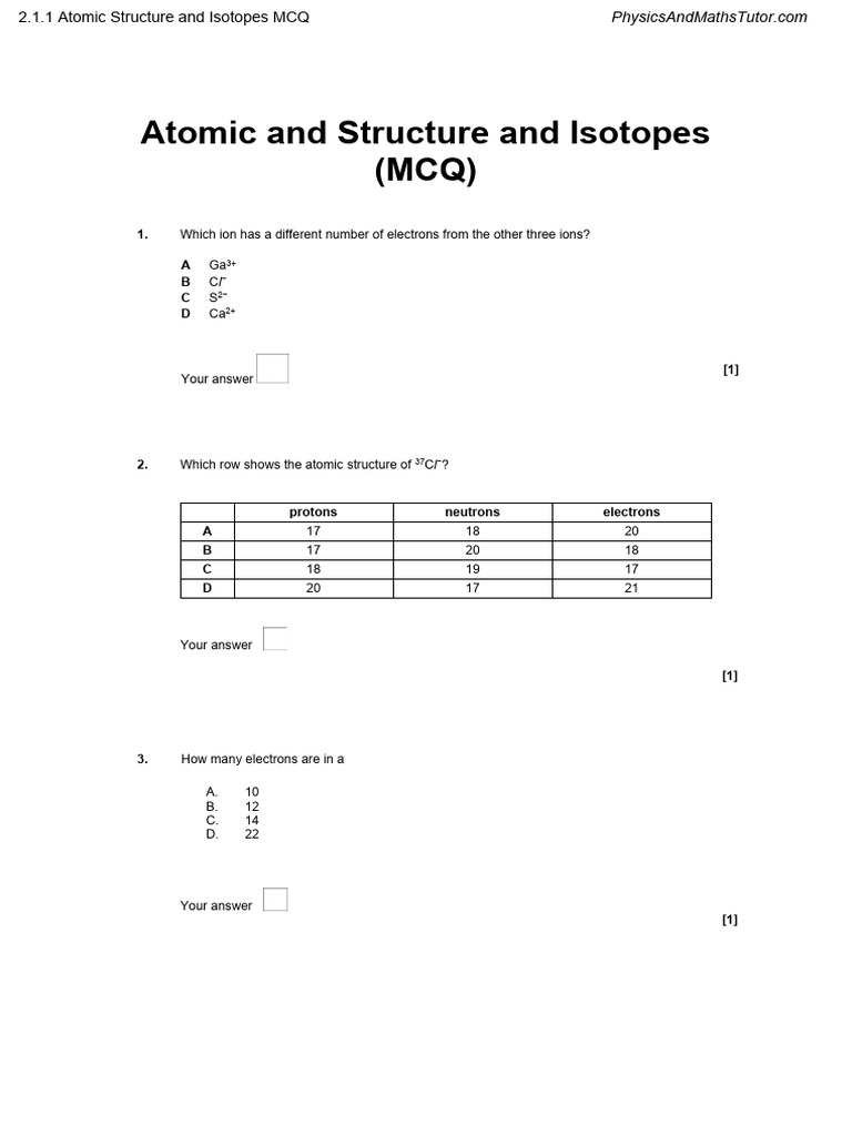 2.1.1 Atomic Structure and Isotopes MCQ | PDF