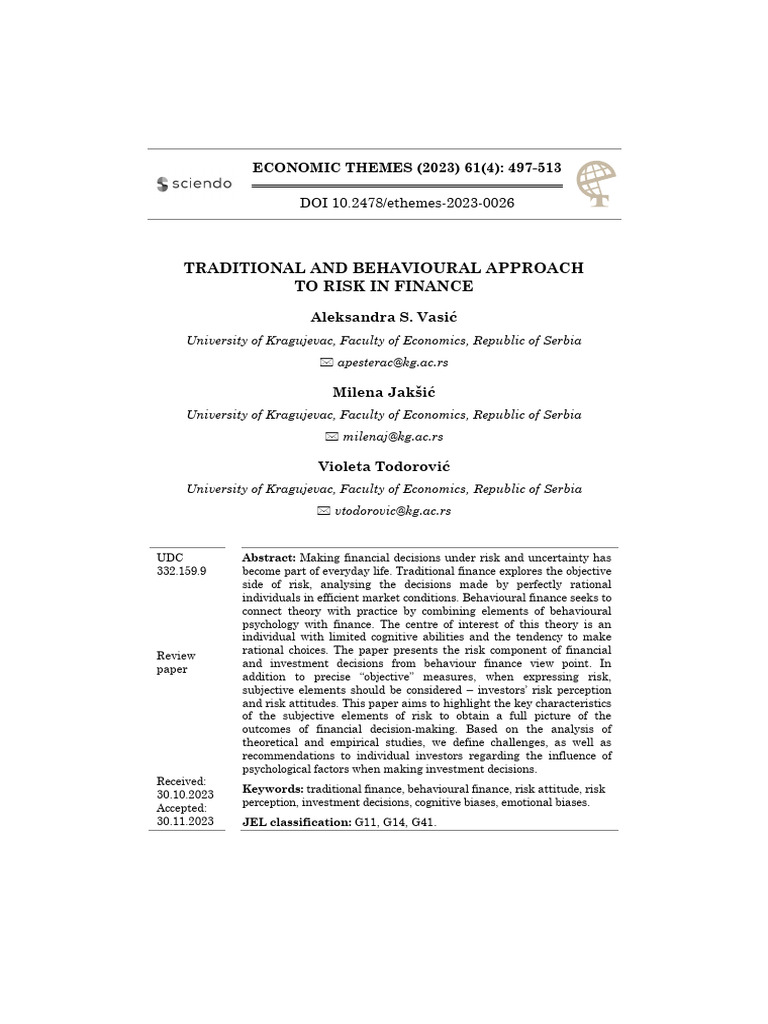 Traditional and Behavioural Approach To Risk in Fi | PDF