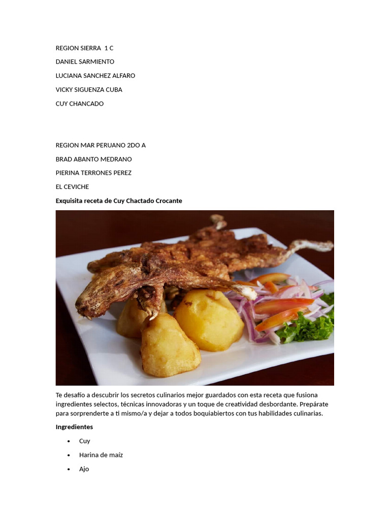 Exquisita Receta de Cuy Chactado Crocante | PDF