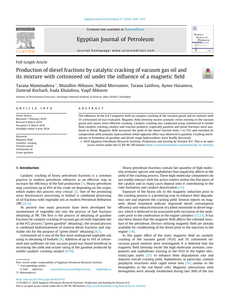 Production of diesel fractions by catalytic cracking of vacuum gas oil ...