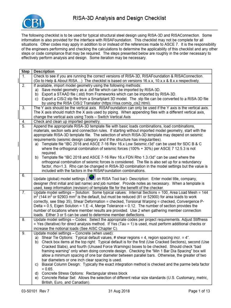 03-50101 RISA3D Analysis and Design Checklist Rev 7 | PDF