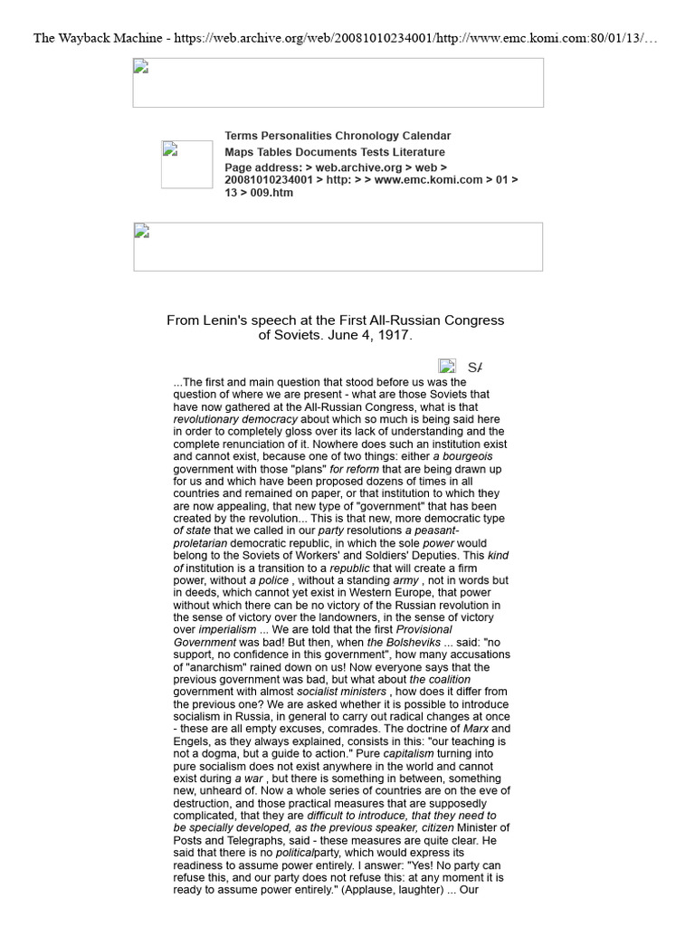 From Lenin's Speech at The First All-Russian Congress of Soviets. June ...