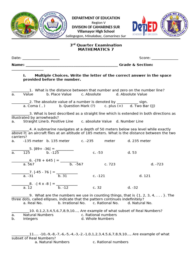 3rd Periodical Exam in Math 7 | PDF | Numbers | Rational Number