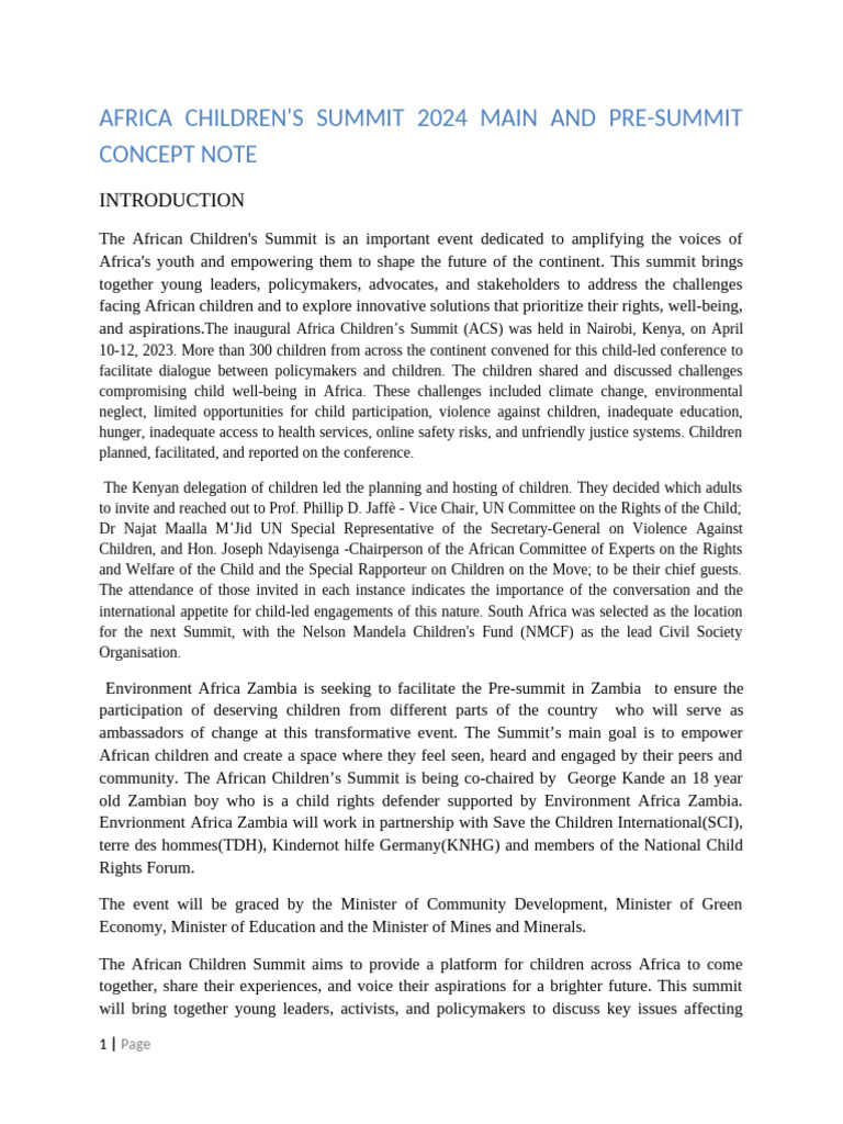 Afriacn Children's Summit Concept Note | PDF