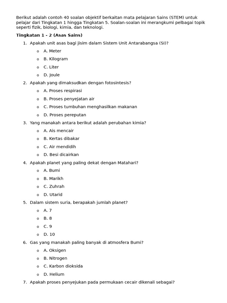 Berikut Adalah Contoh 40 Soalan Objektif Berkaitan Mata Pelajaran Sains ...