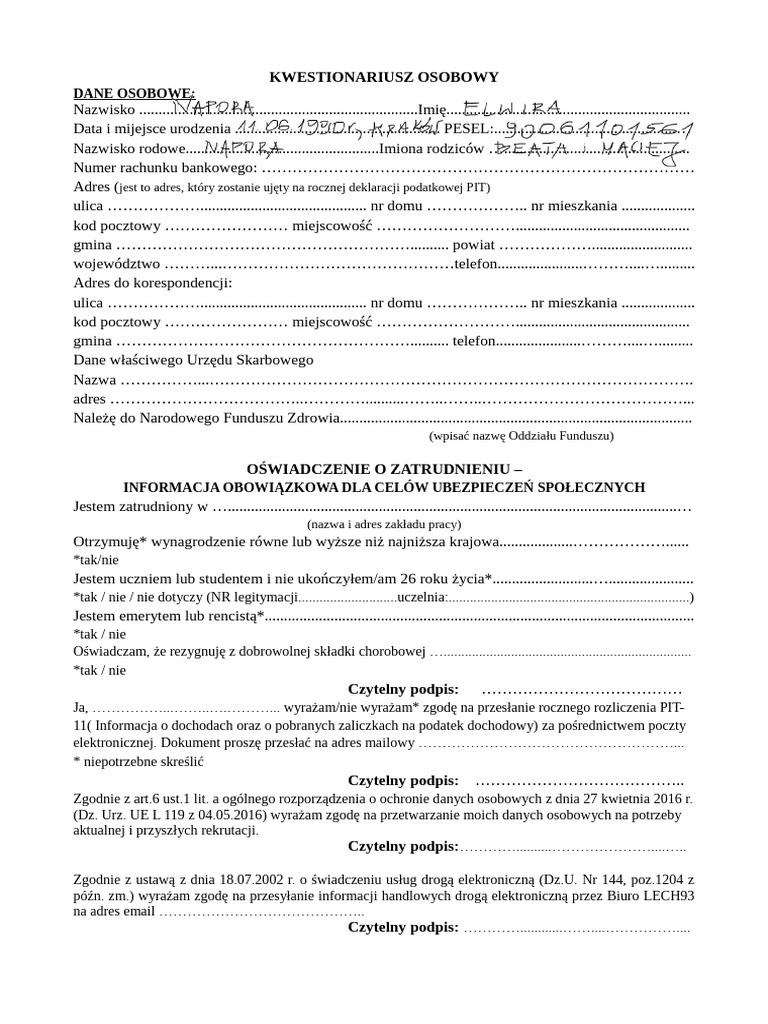 Kwestionariusz Osobowy | PDF