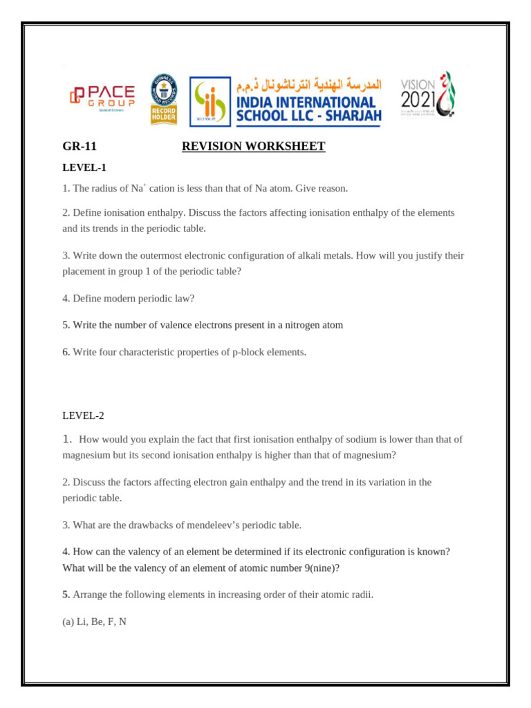 Gr-11 Revision Worksheet: Level-1 | PDF