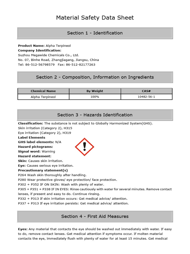MSDS Alpha Terpineol | PDF