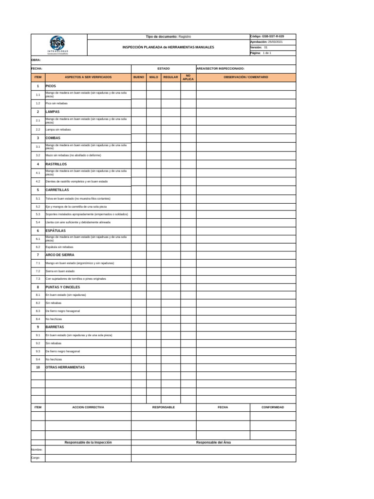 GSB-SST-R-029 Inspección Planeada de Herr. Man. y Equipos | PDF