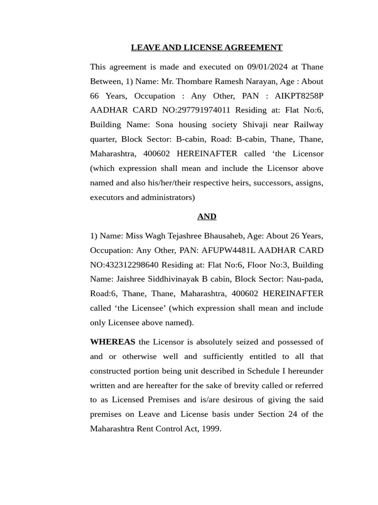 Tejashree Wagh Leave and License Agreement | PDF | License | Law