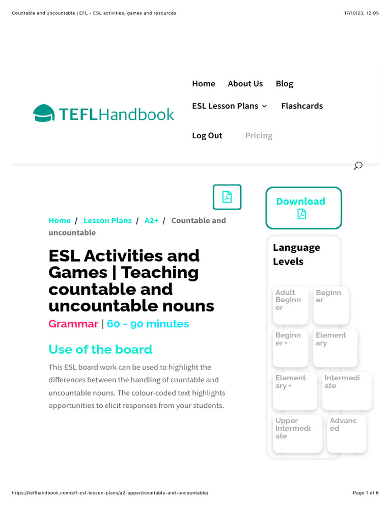 Countable and Uncountable - EFL - ESL Activities, Games and Resources | PDF