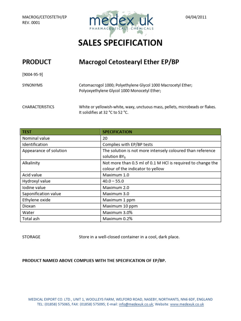 Macrogol Cetostearyl Ether EP BP SALES SPECIFICATION | PDF