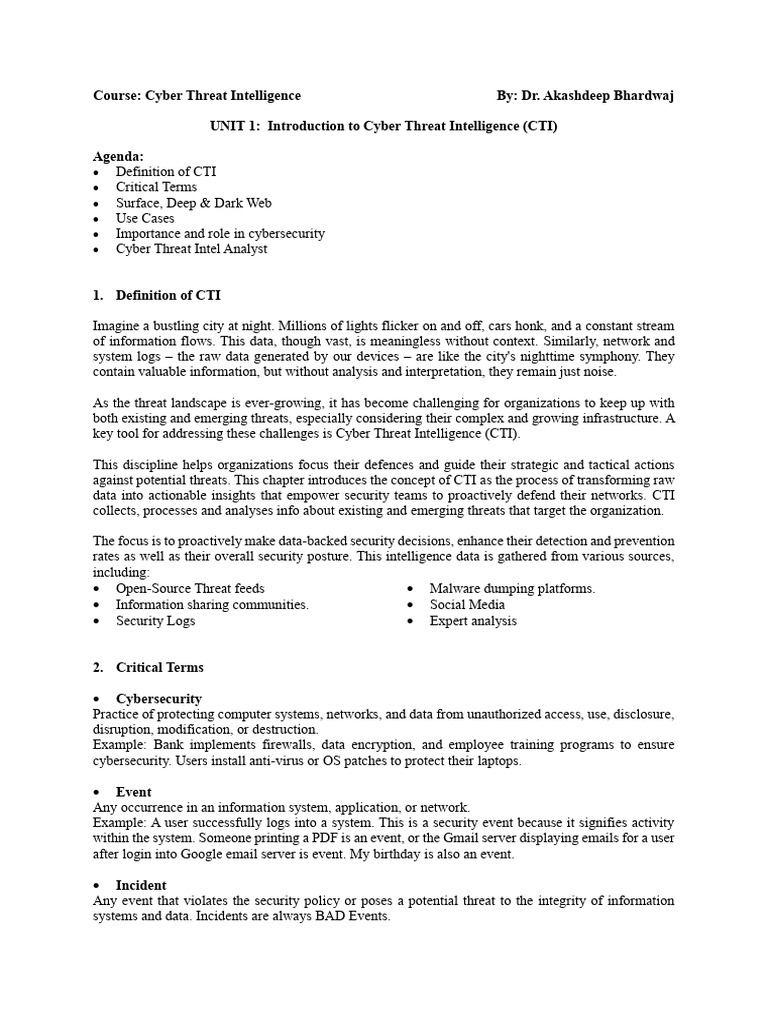 Unit 1 - Introduction to Cyber Threat Intelligence (CTI) | PDF