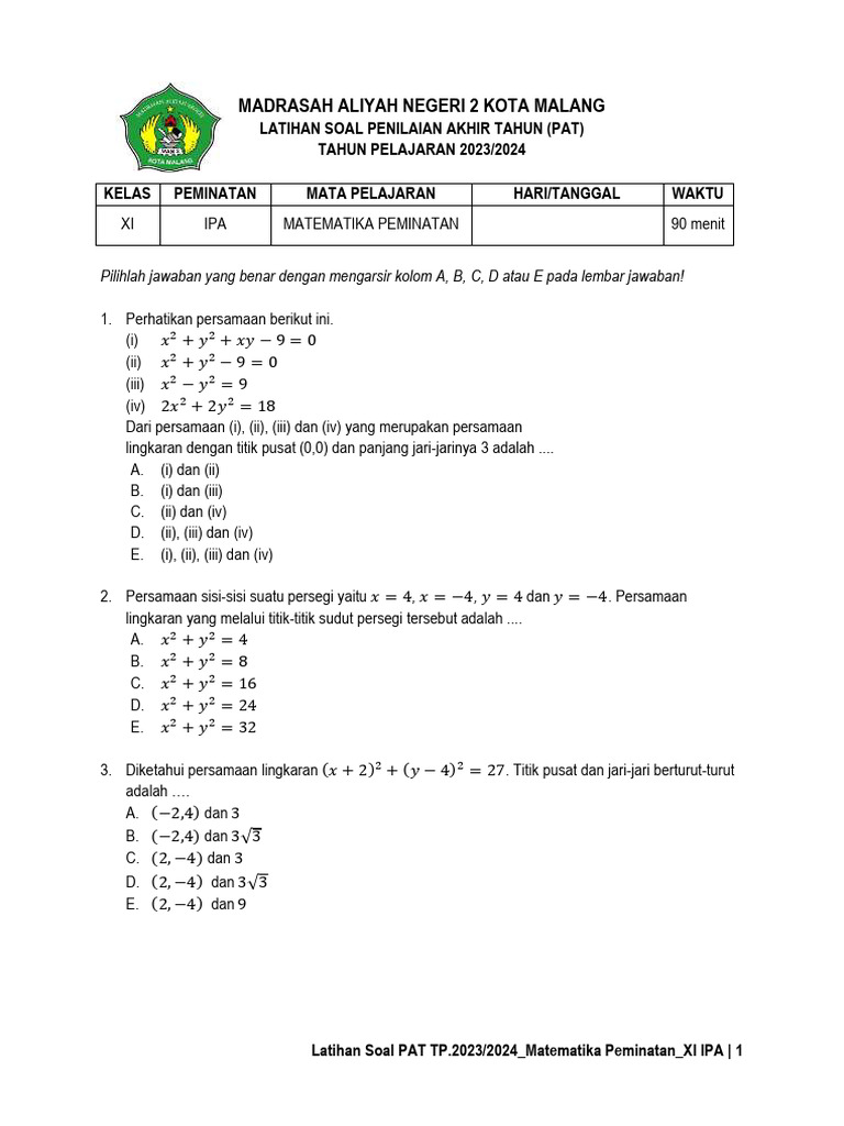 Latihan Soal PAT Matematika Peminatan TP 23-24 | PDF