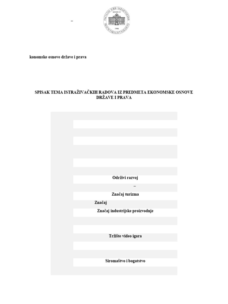 Spisak Tema Istrazivackih Radova Iz Predmeta Ekonomske Osnove Drzave I Prava - 10.10.2024. | PDF