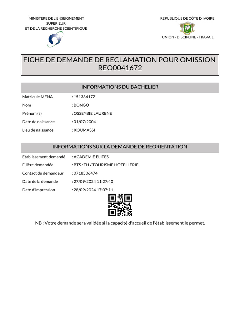 Demande Reorientation | PDF