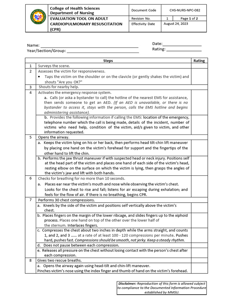 Evaluation Tool in CPR (Adult) | PDF