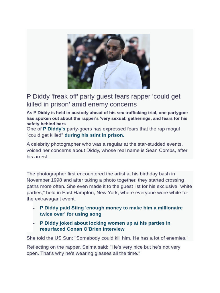 P Diddy 'Freak Off' Party Guest Fears Rapper 'Could Get Killed in ...